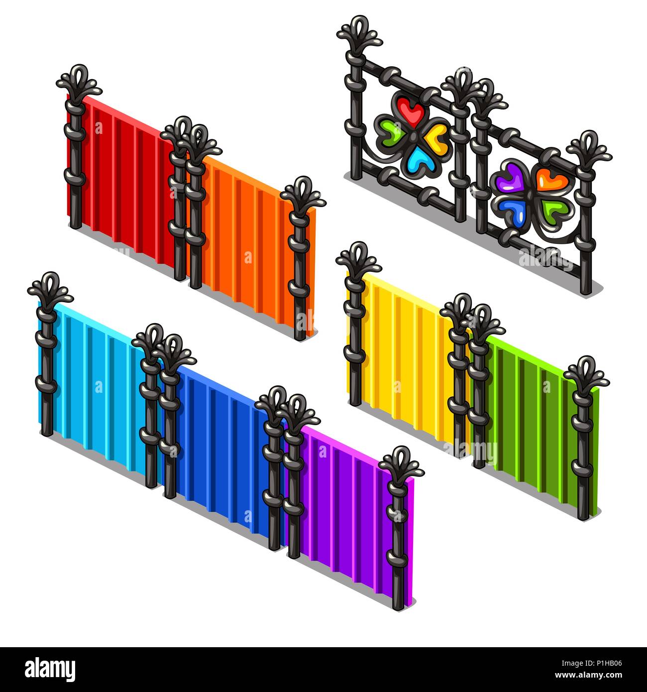 A set of fragments of colored fences isolated on white background ...