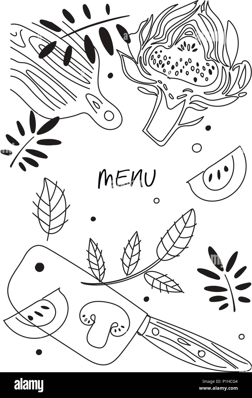 Kitchen composition. Line art graphic. Restaurant template. Vector ...