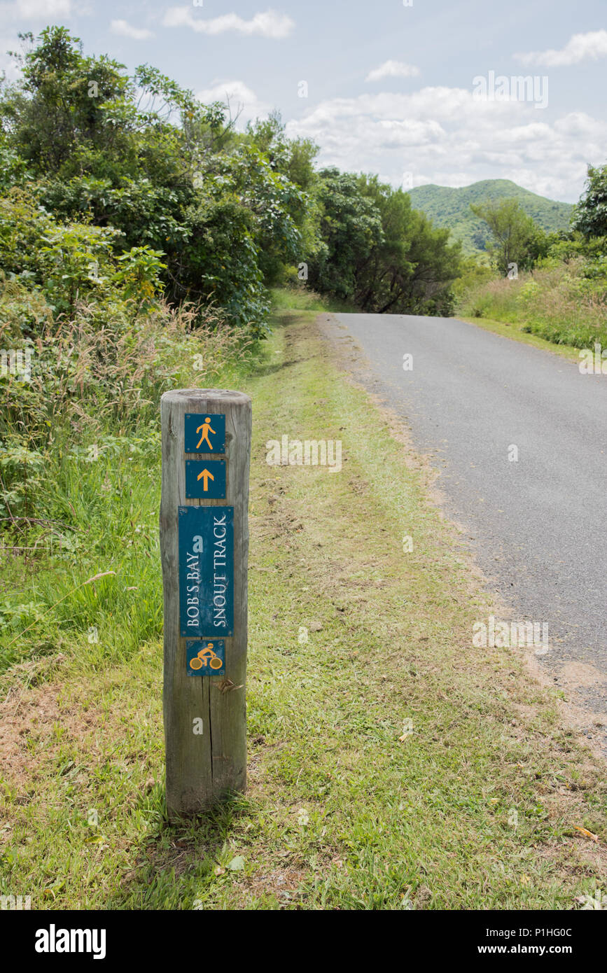 Snout Track marker with road and lush, native flora in the natural ...
