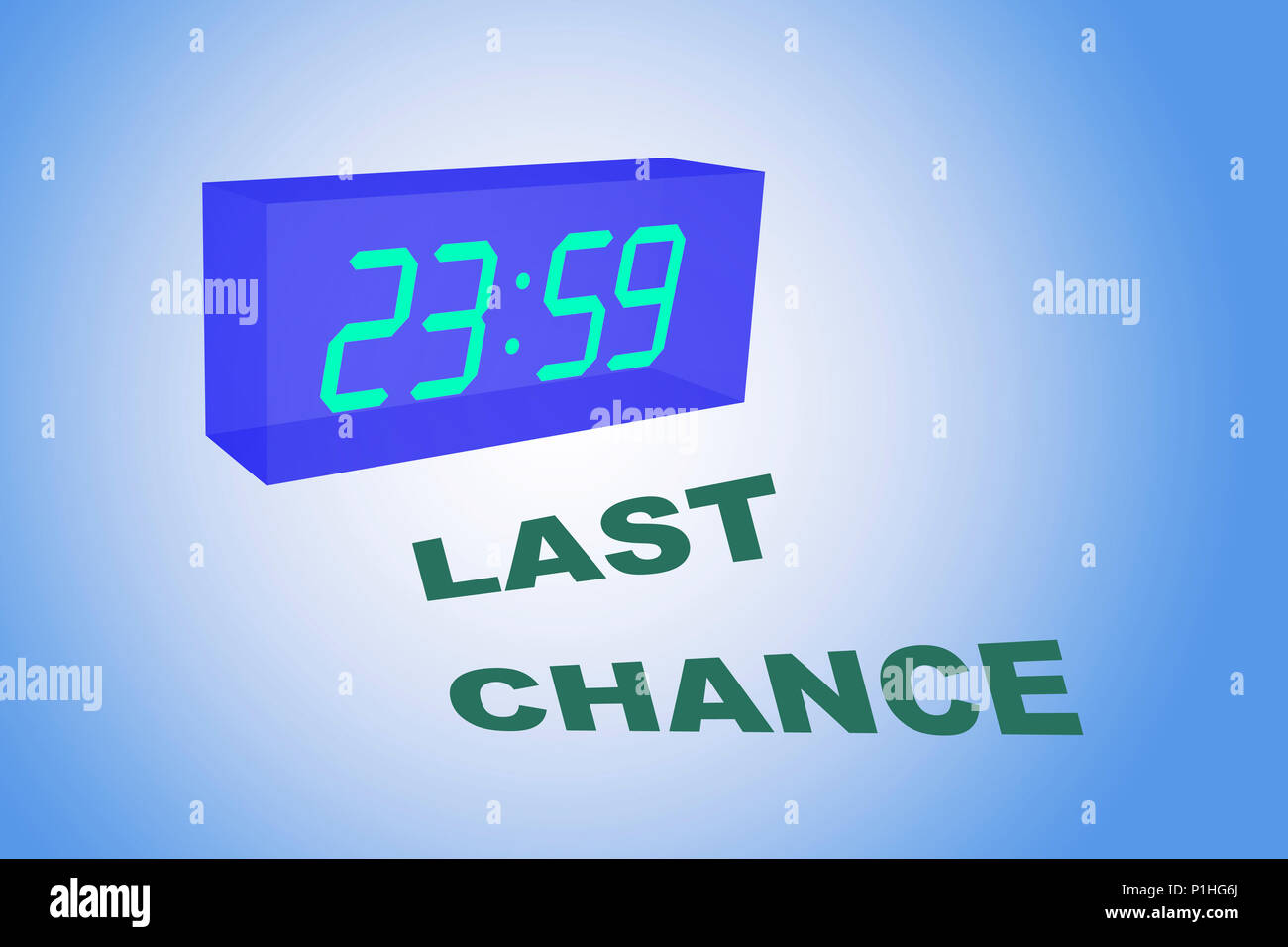 3D illustration of LAST CHANCE title below a clock with pale blue ...