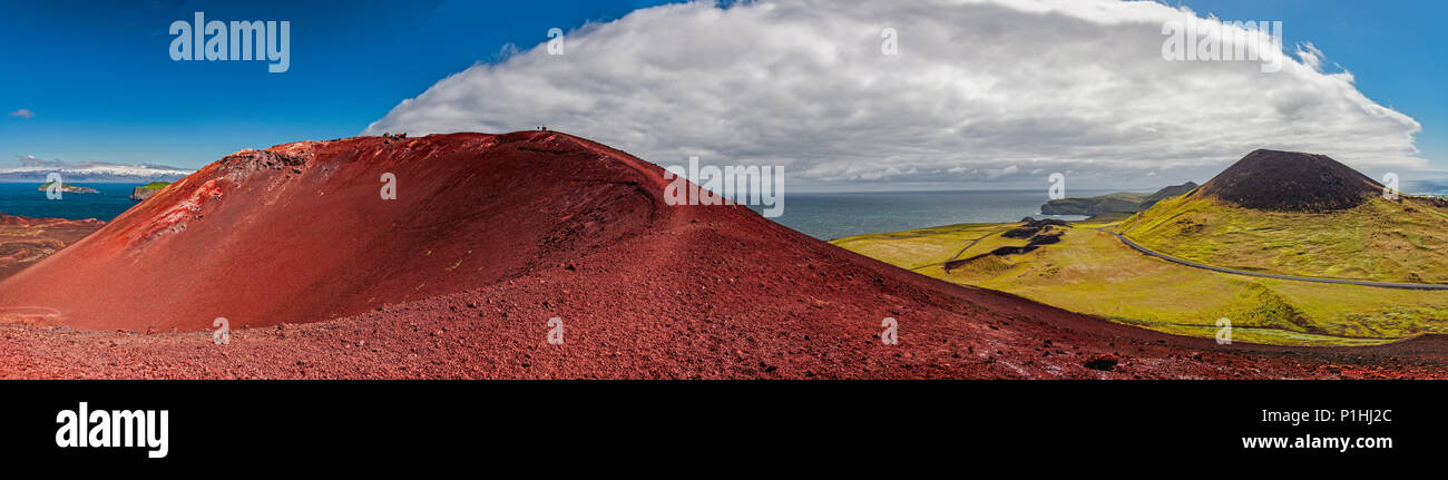 Big panorama of city of Heimaey taken from the top of Eldfell volcano ...