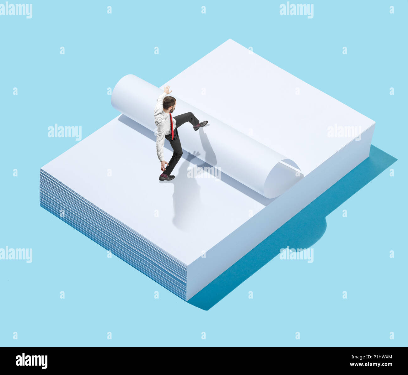 Flat isometric view of businessman going at blank sheets of paper with ...