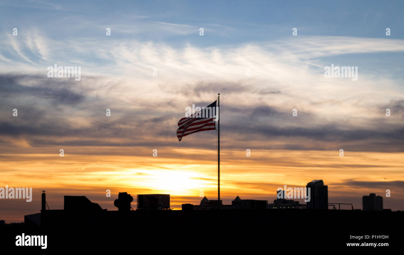 Flag and Sunset from High Line NYC USA Stock Photo - Alamy