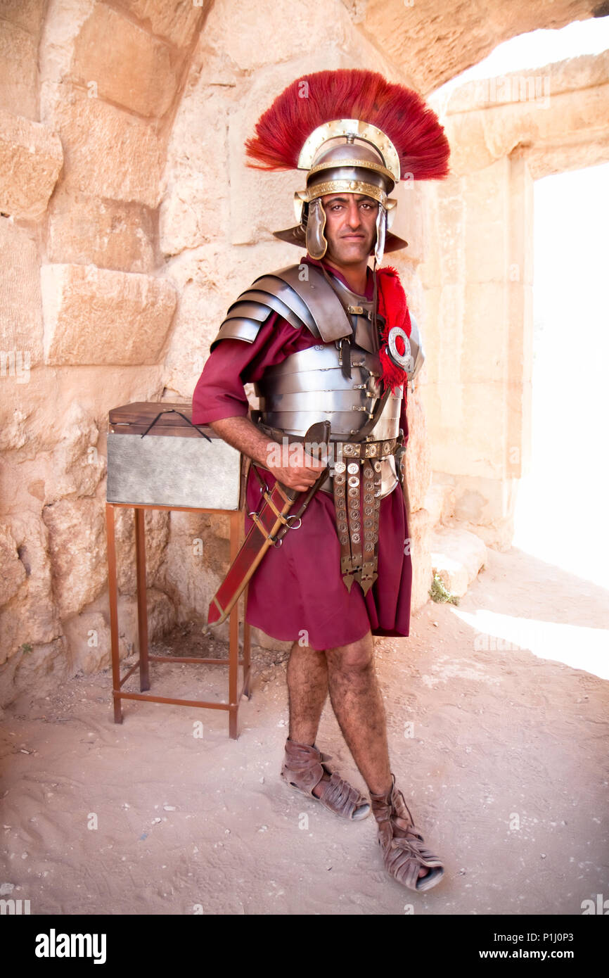JERASH, JORDAN - SEPTEMBER 09 - Man dressed up as Roman legionary ...
