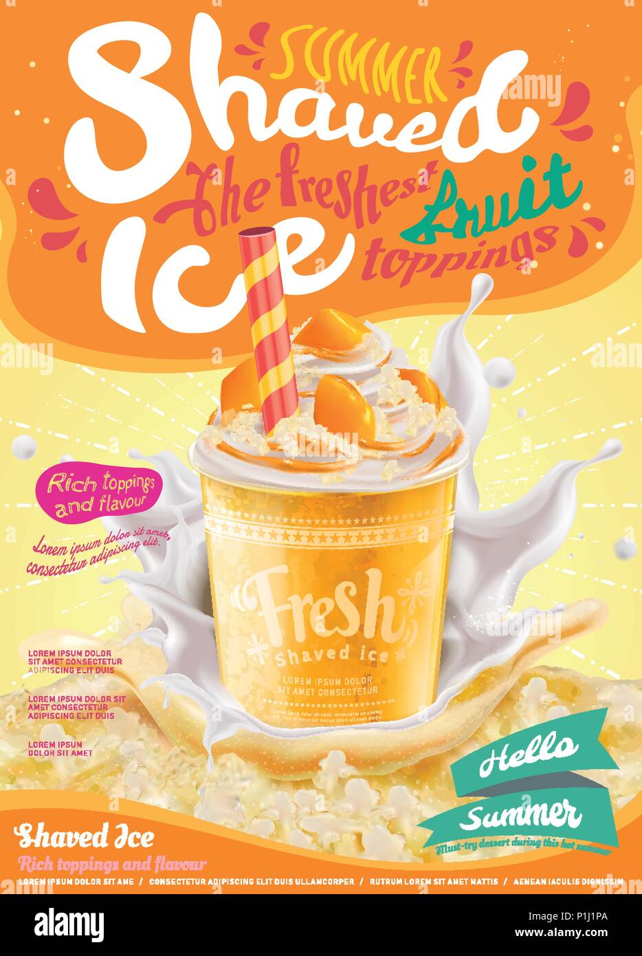 Summer frozen ice shaved poster in mango flavor in 3d illustration ...