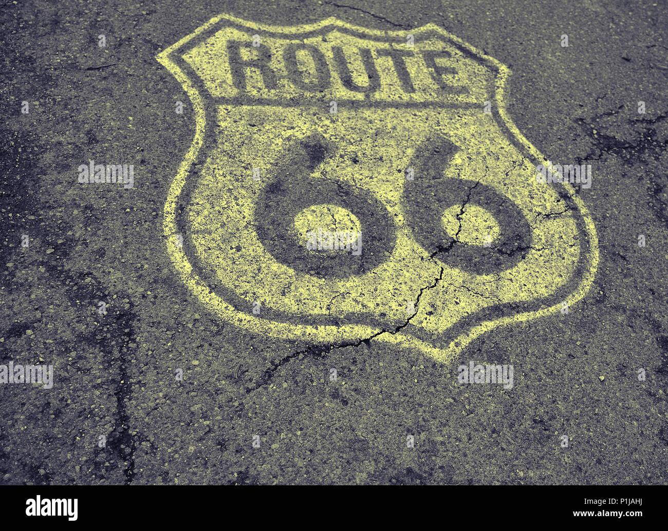 Historic U.S. old Route 66 sign on the asphalt Stock Photo - Alamy
