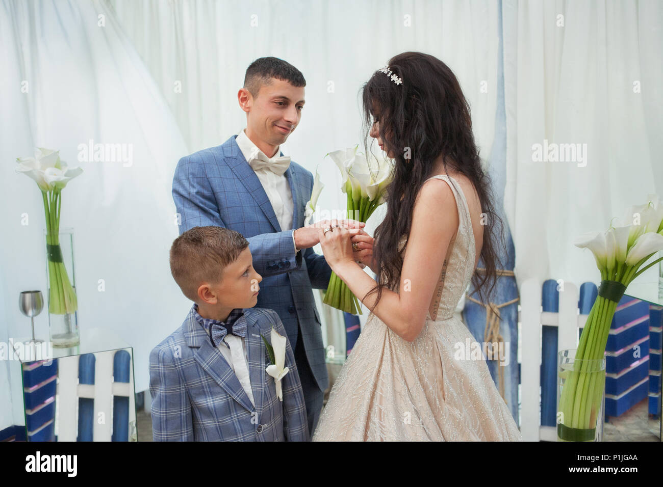 beautiful happy young bride and groom celebrating wedding Stock Photo ...