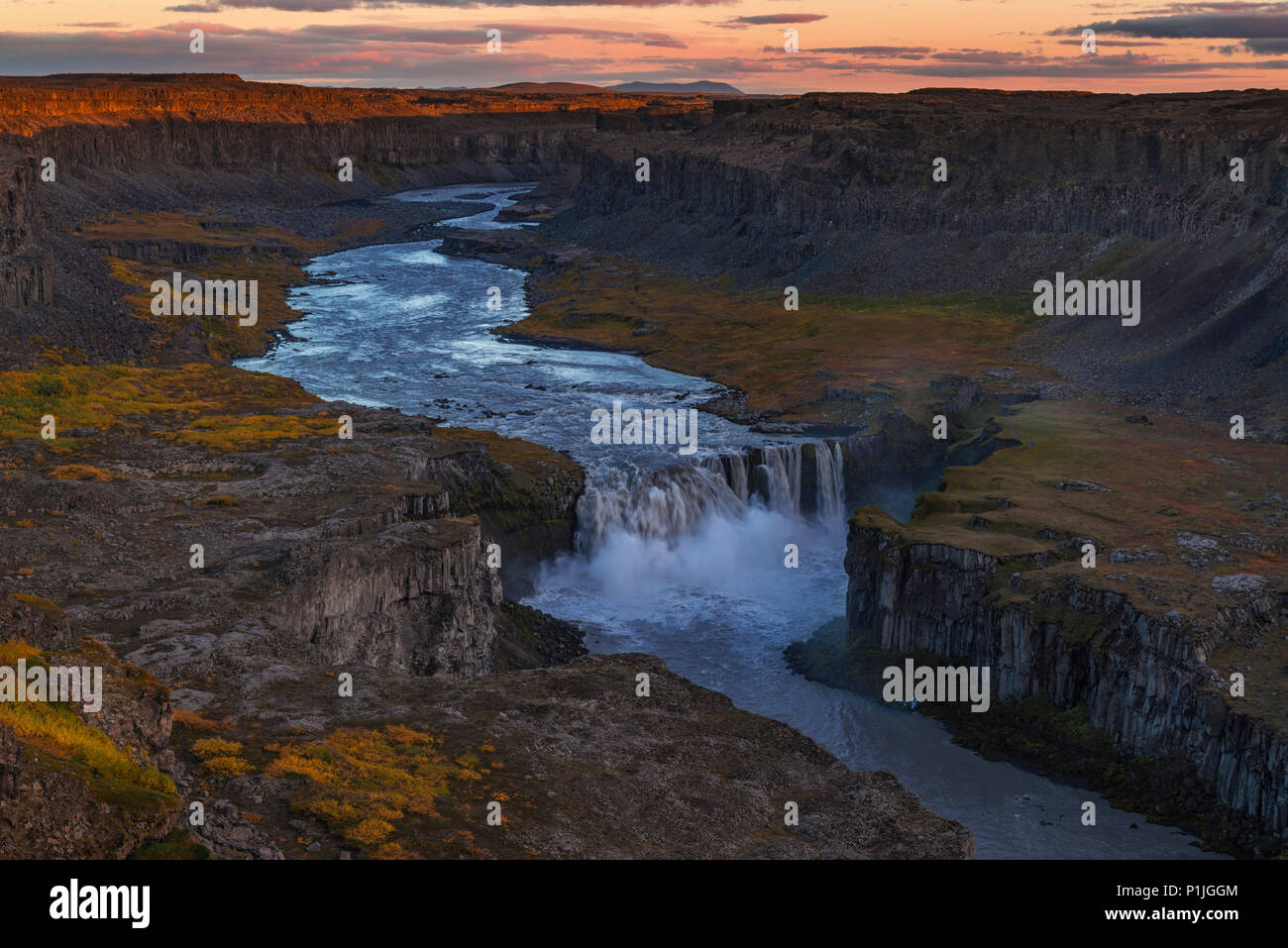 Hafragilsfoss waterfall sunset and alpine glow autumn hi-res stock ...