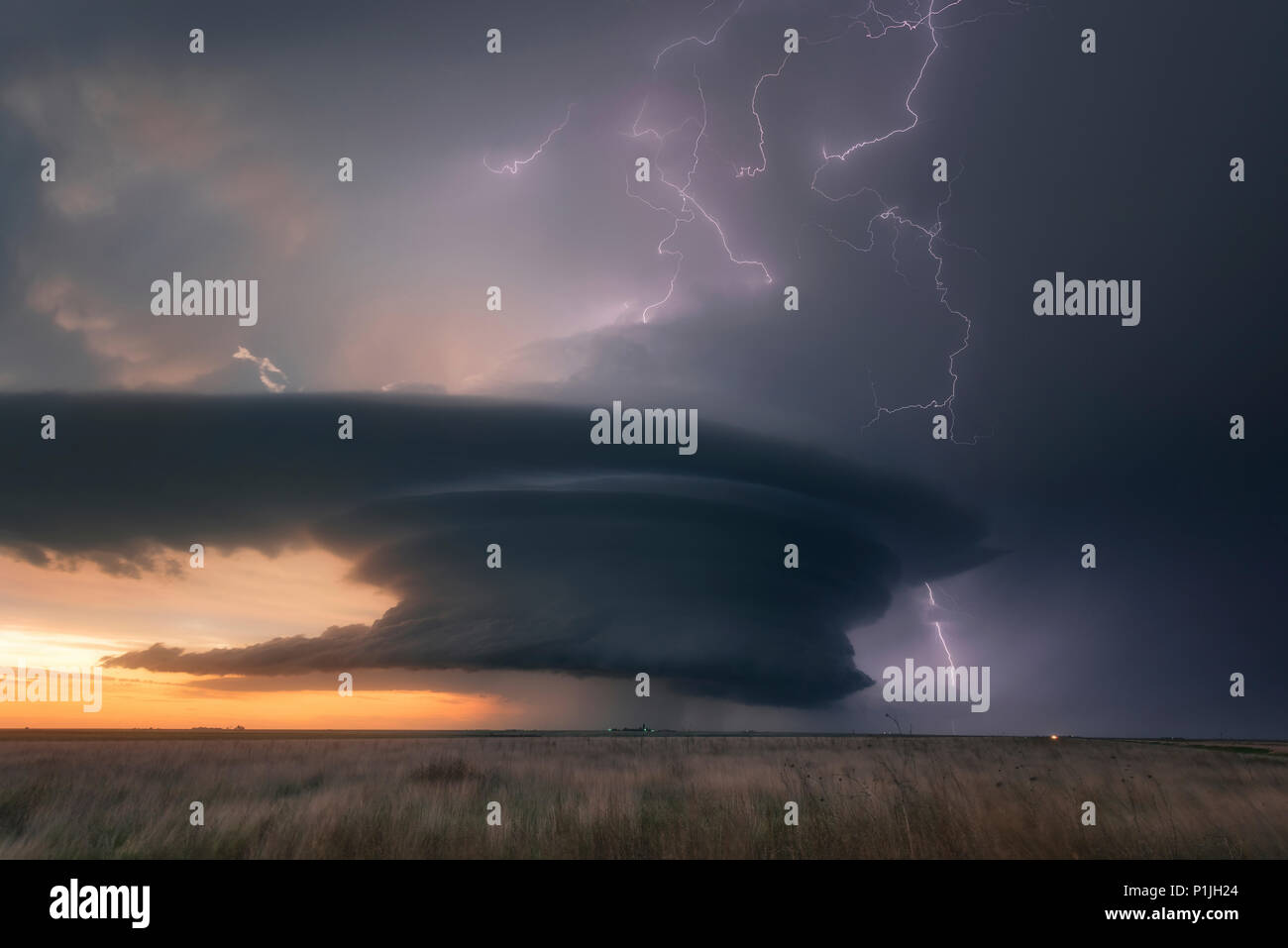 Lightnings during sunset supercell fields leoti hi-res stock ...