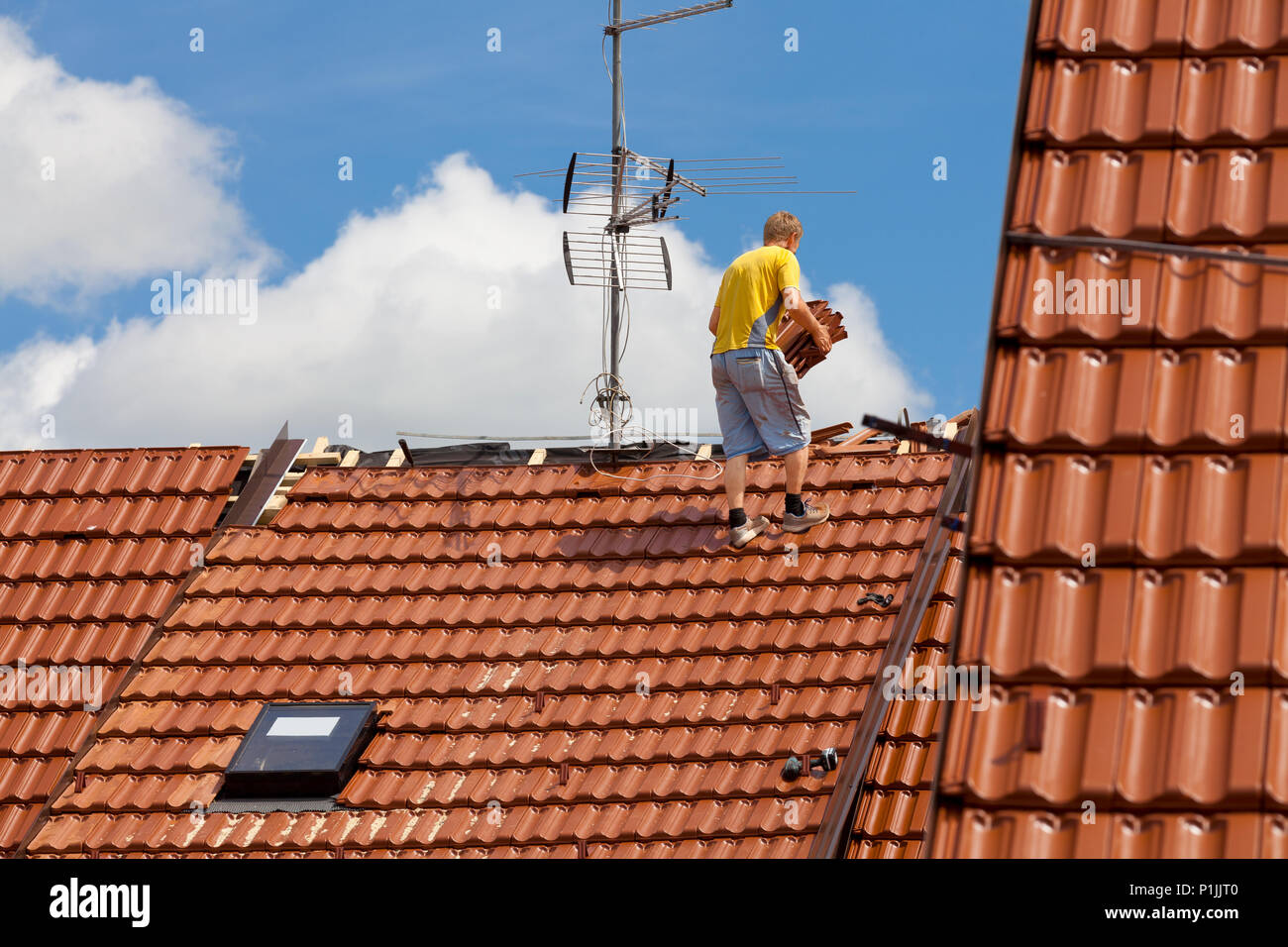Man working in the roof of a building Stock Photo - Alamy