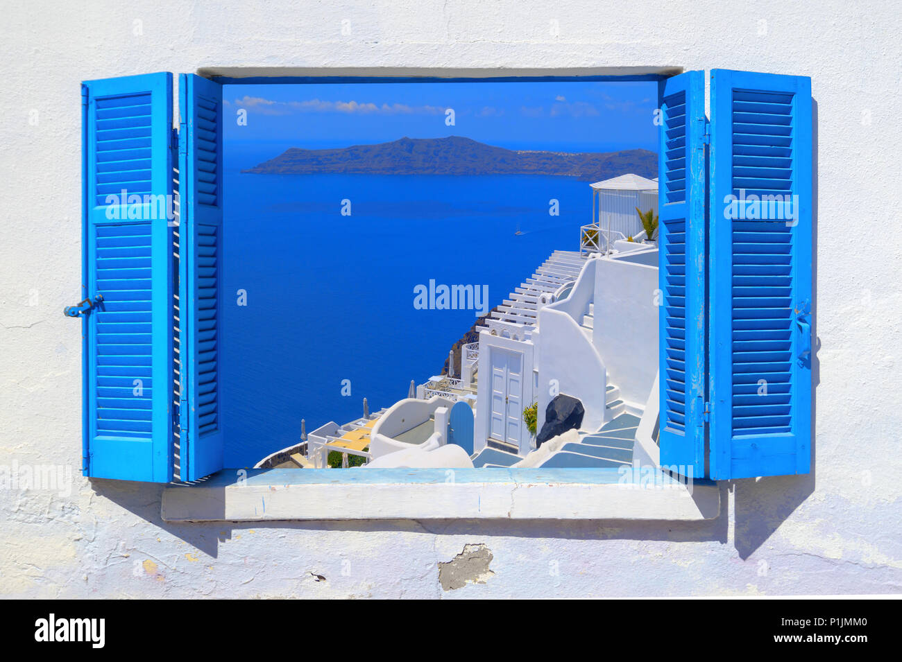 Sea view through traditional greek window in Santorini island Stock ...