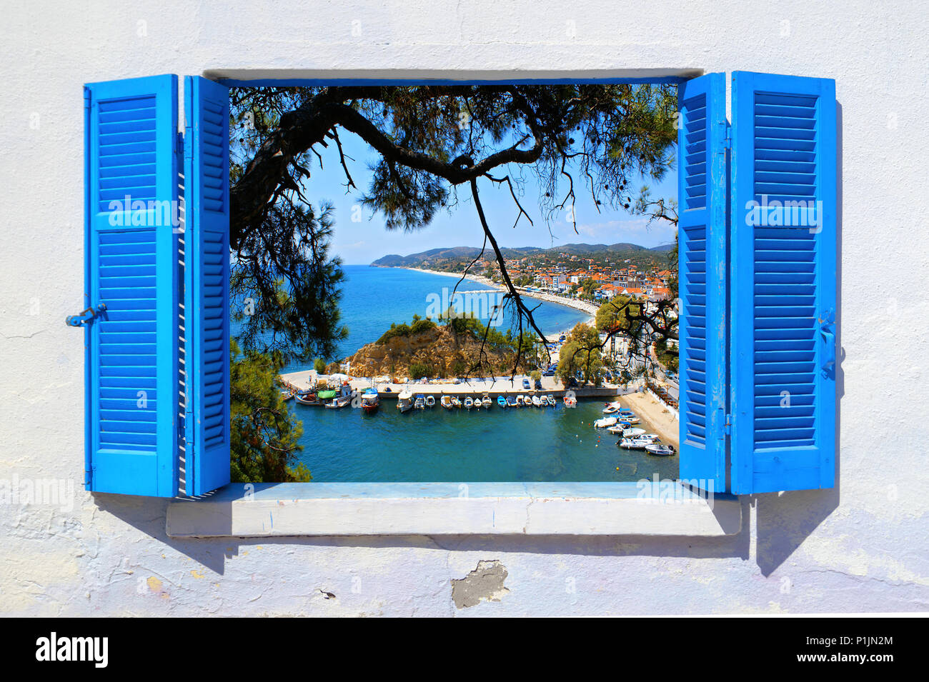 Sea view through traditional greek window in Thassos island Stock Photo ...