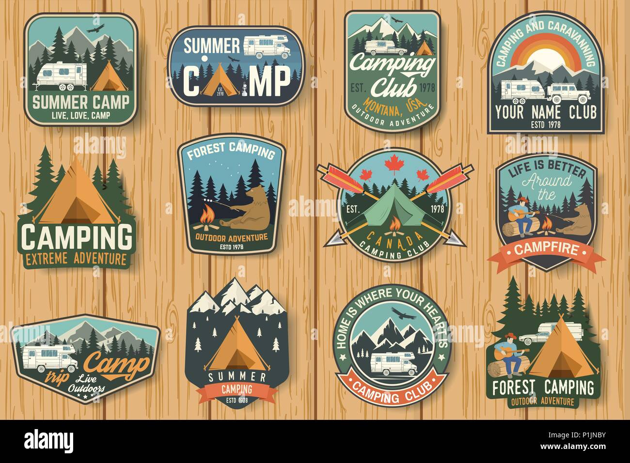 Set Of Summer Camp Badges On The Wood Board Vector Concept For Shirt