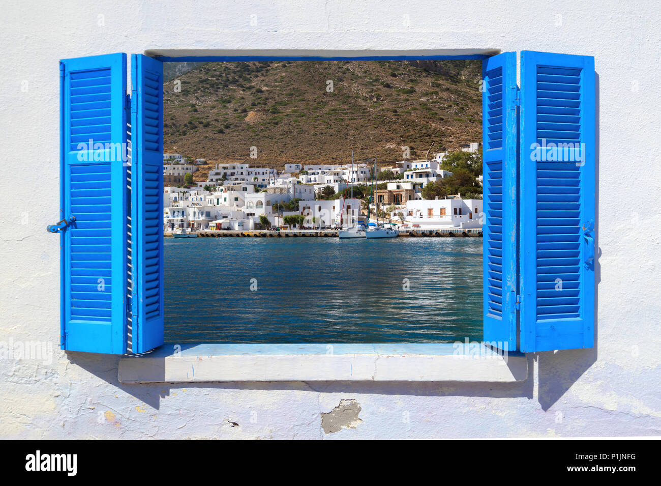 Sea view through traditional greek window in Sifnos island Stock Photo ...