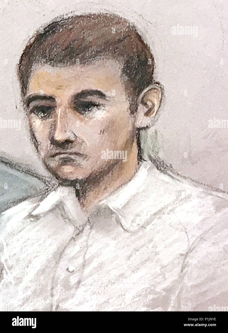 Court artist sketch by Elizabeth Cook of Jack Renshaw at The Old Bailey ...