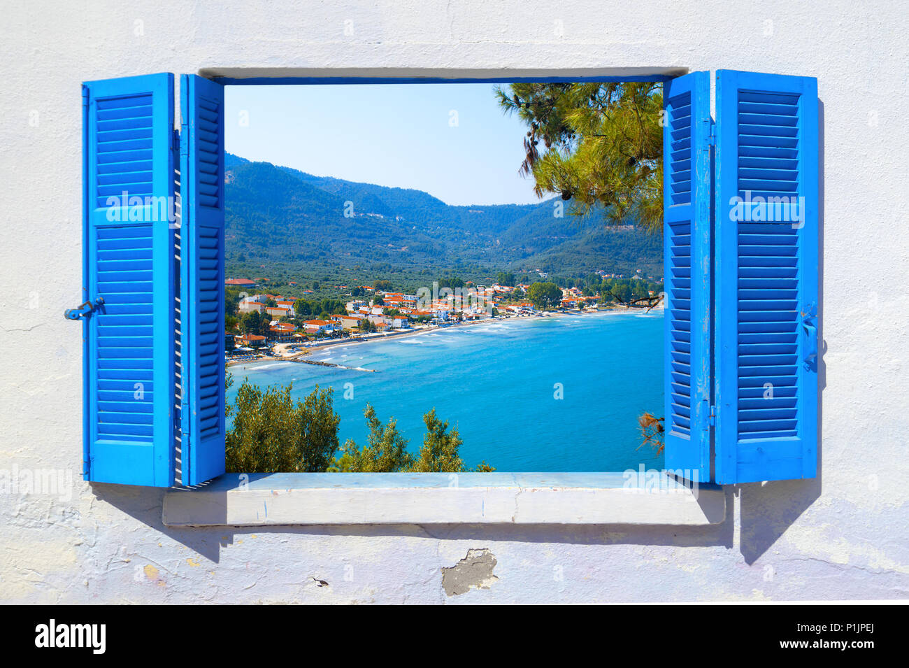 Sea view through traditional greek window in Thassos island Stock Photo ...