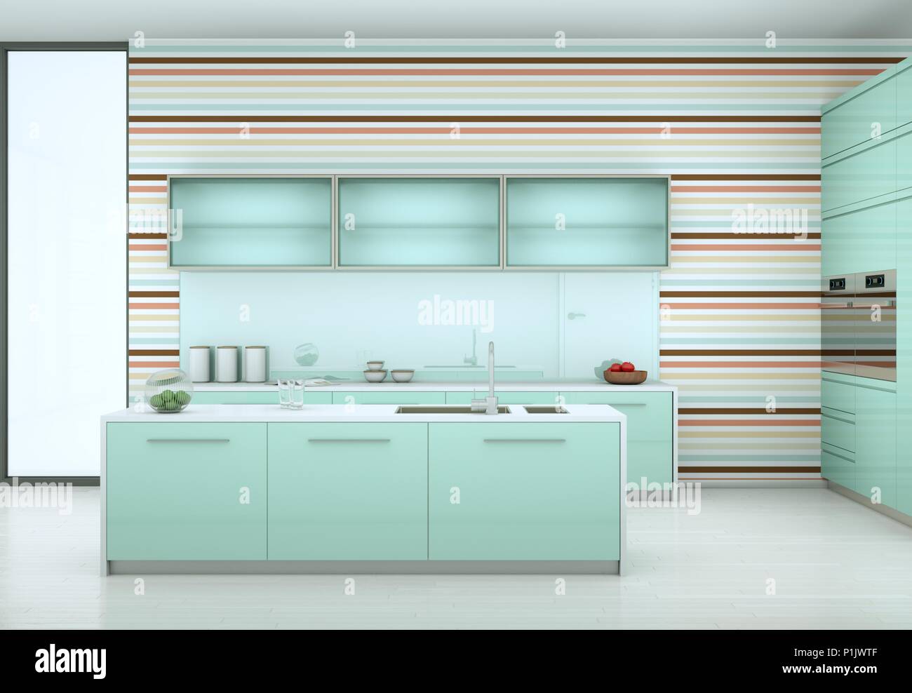 Light blue modern kitchen with vintage wallpaper Stock Photo - Alamy