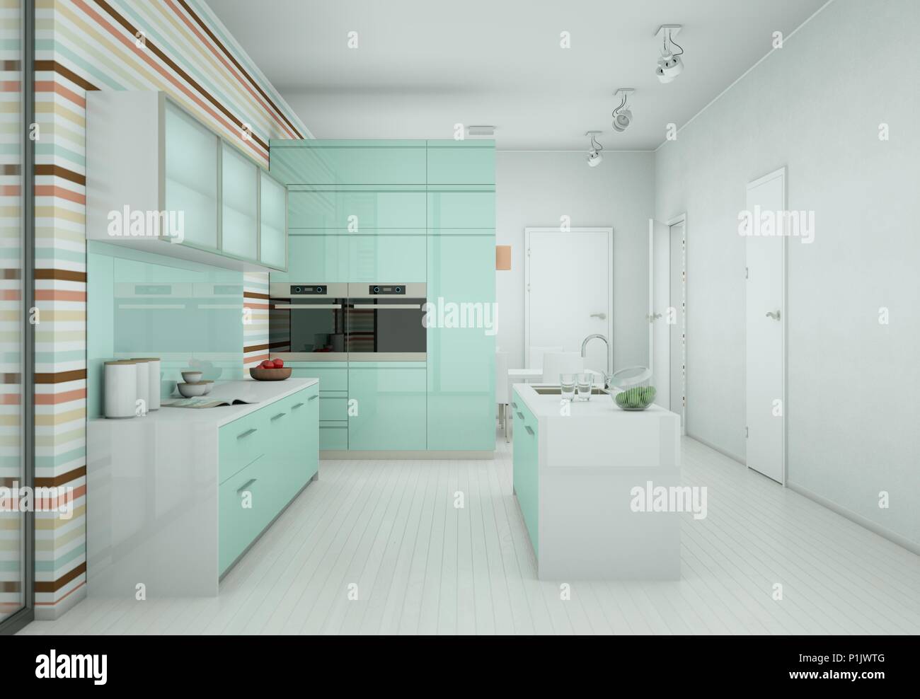 Light blue modern kitchen with vintage wallpaper Stock Photo - Alamy