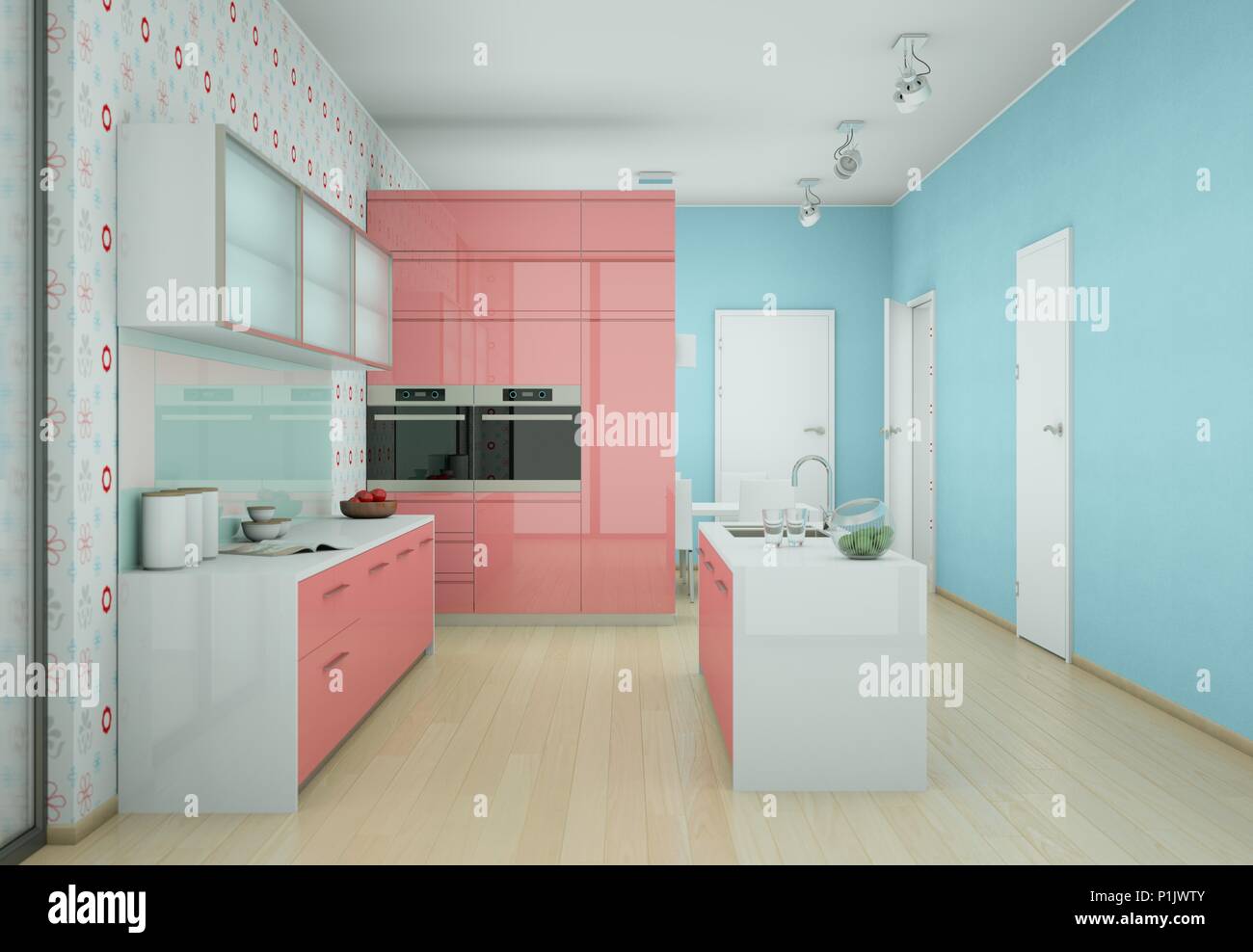 Pink modern kitchen with vintage wallpaper Stock Photo - Alamy