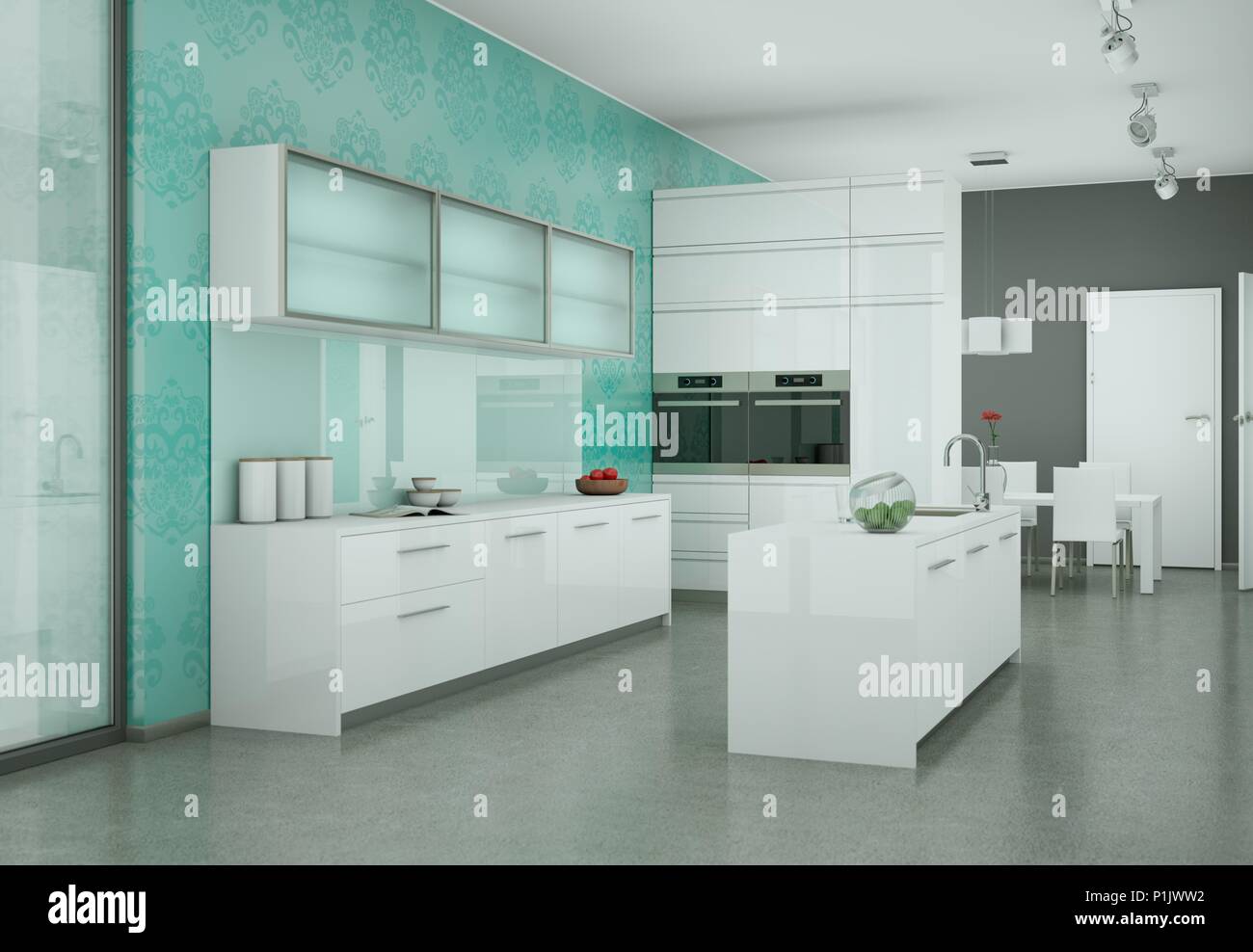 White modern kitchen with vintage wallpaper Stock Photo - Alamy