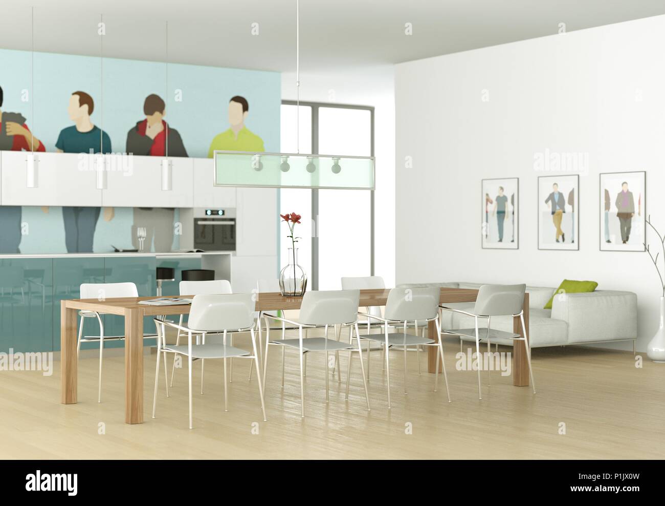 White modern kitchen with comic wallpaper Stock Photo - Alamy