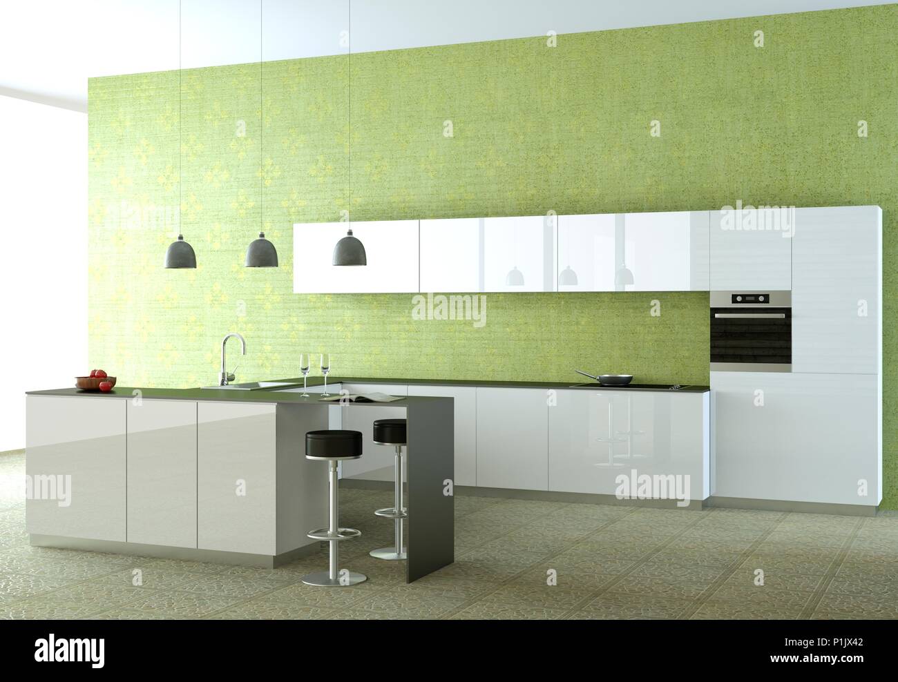 White modern kitchen with green wallpaper Stock Photo - Alamy