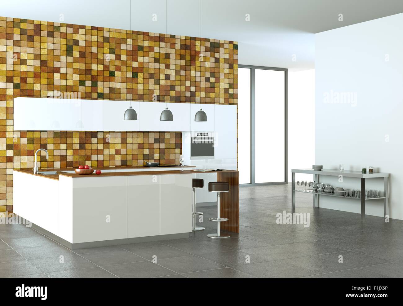 White modern kitchen with mosaic wall Stock Photo - Alamy
