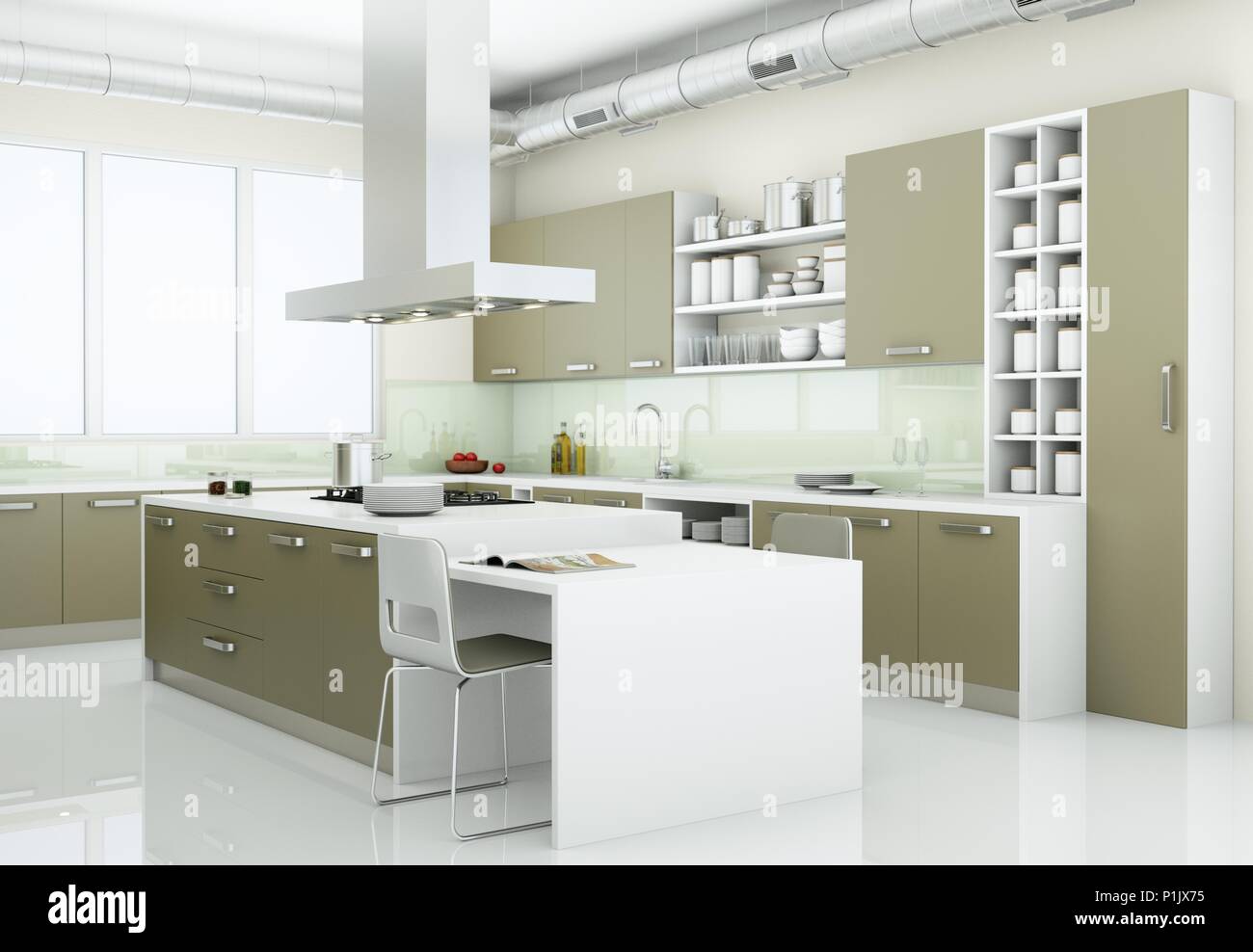 Grey modern kitchen in loft with big windows Stock Photo - Alamy