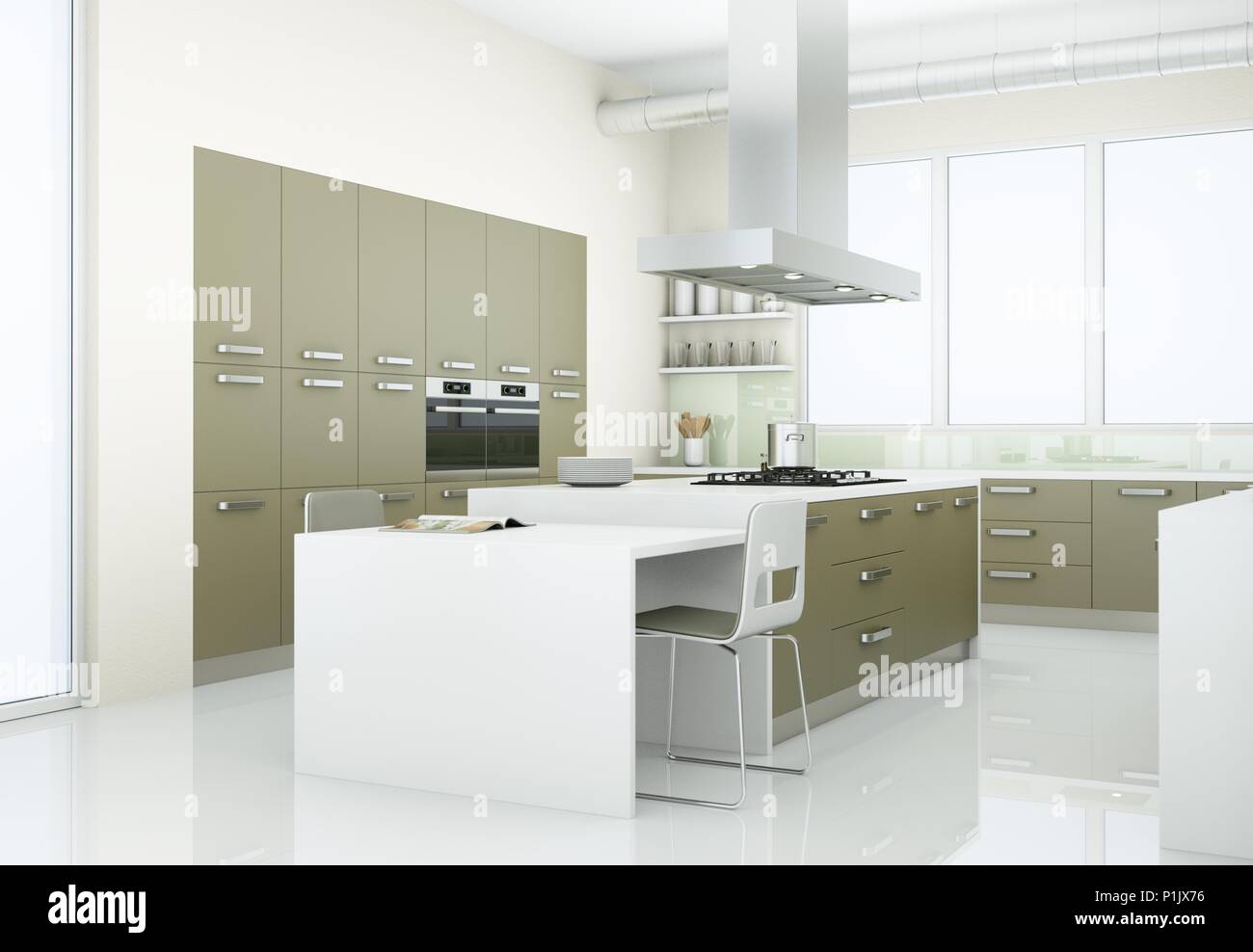 Grey modern kitchen in loft with big windows Stock Photo - Alamy