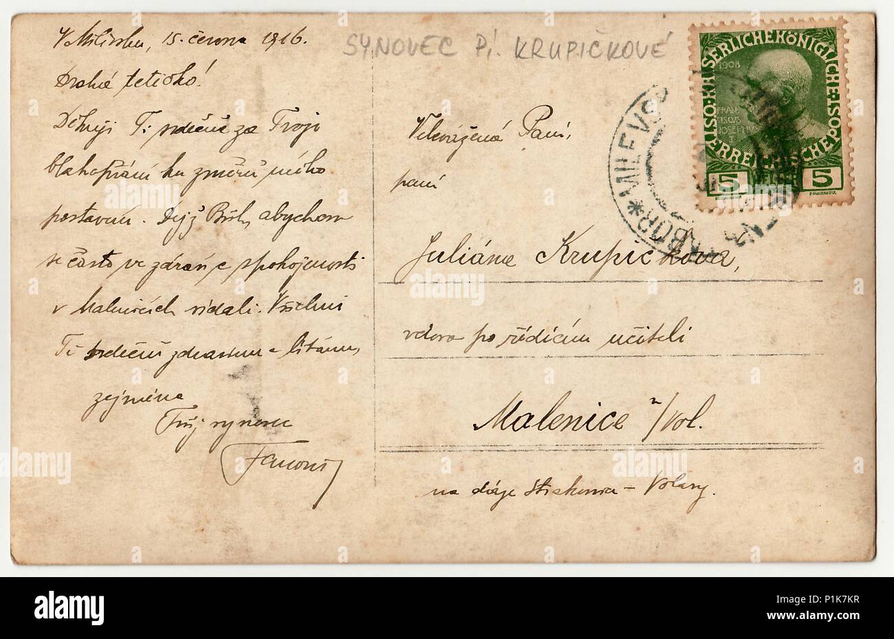 MALENICE (VOLARY) - JUNE 16, 1916: Back of a vintage photo - used ...