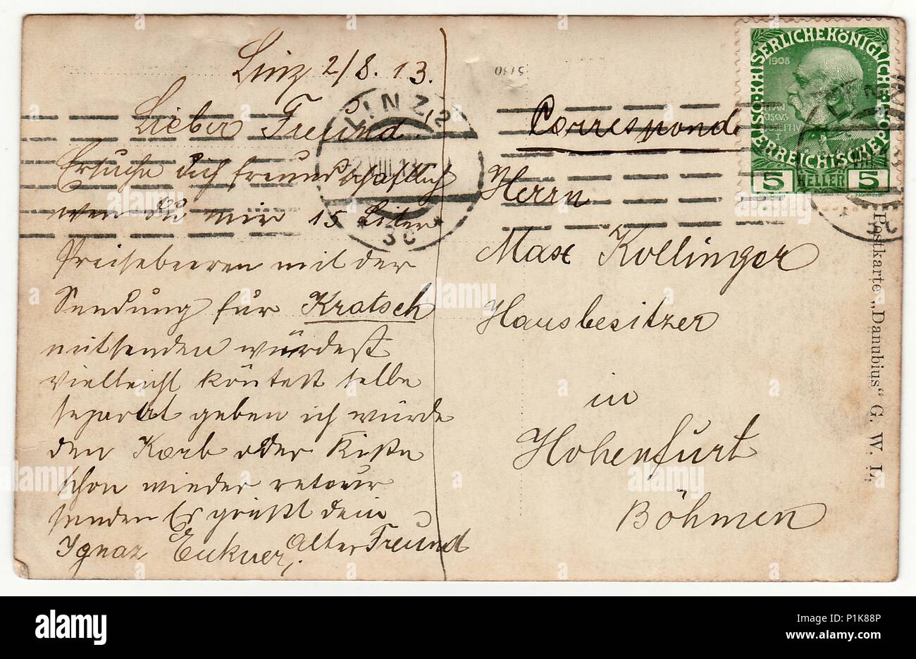 LINZ, AUSTRIA-HUNGRAY - AUGUST 8, 1913: Back of a vintage photo - used ...