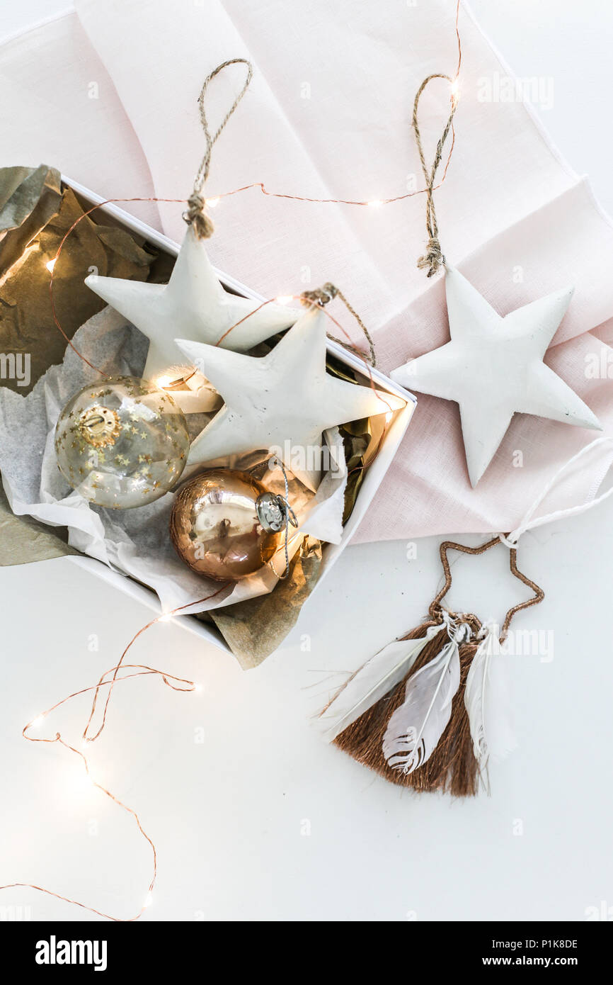Christmas decorations in a box Stock Photo - Alamy