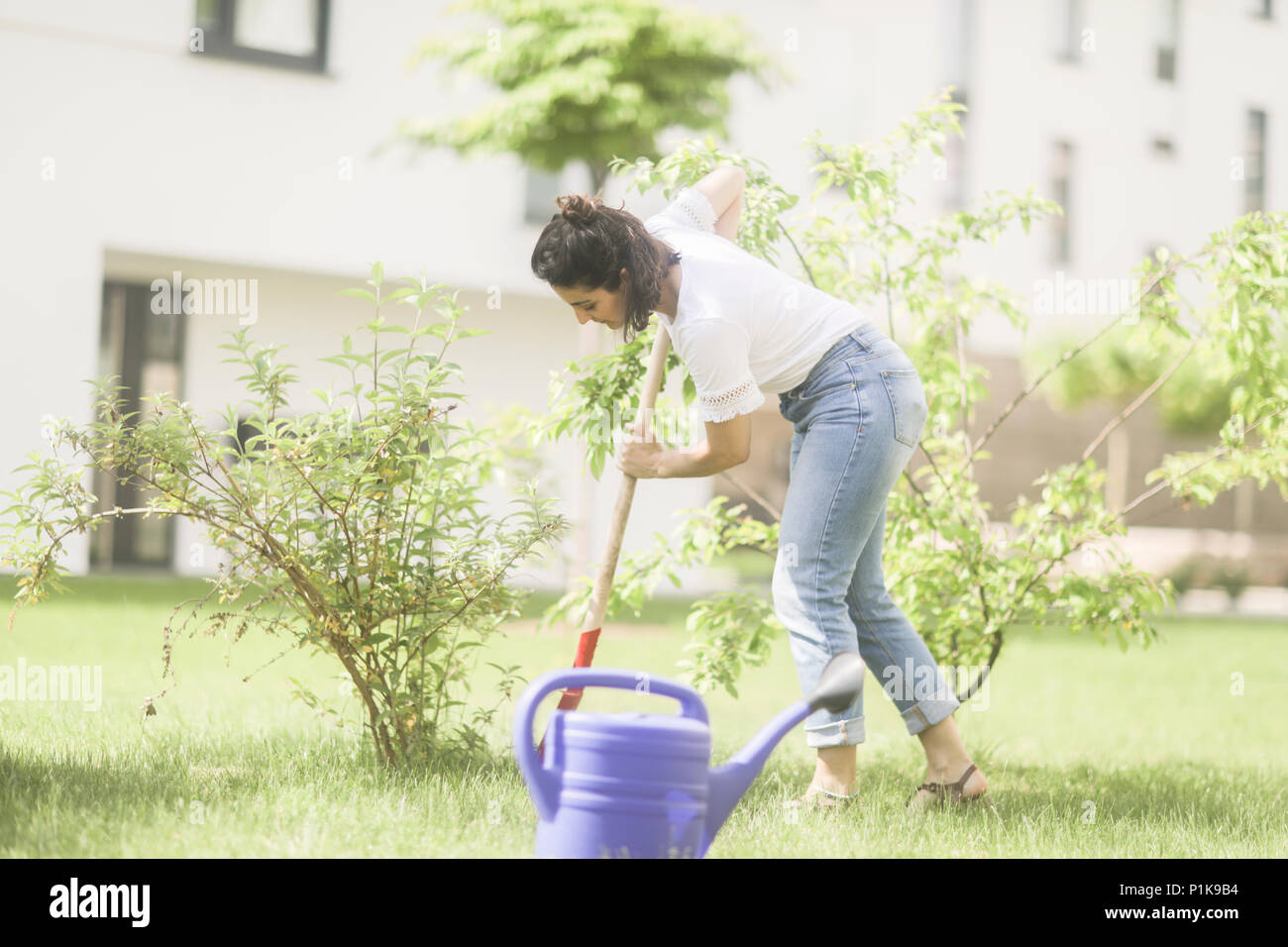 Woman digging in her garden Stock Photo - Alamy