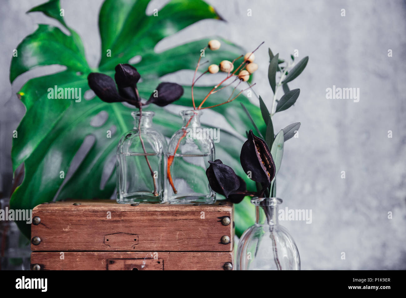 Rustic wooden box with glass vases and plants Stock Photo - Alamy