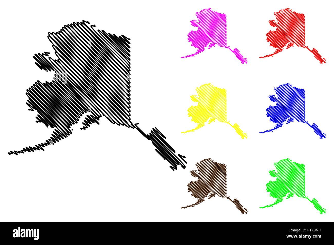 Alaska map vector illustration, scribble sketch Alaska map black, red, blue, green, yellow ...