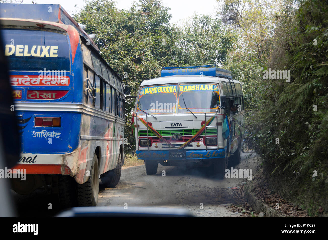 Buses passing each other on narrow mountain road, Rural traffic jam ...
