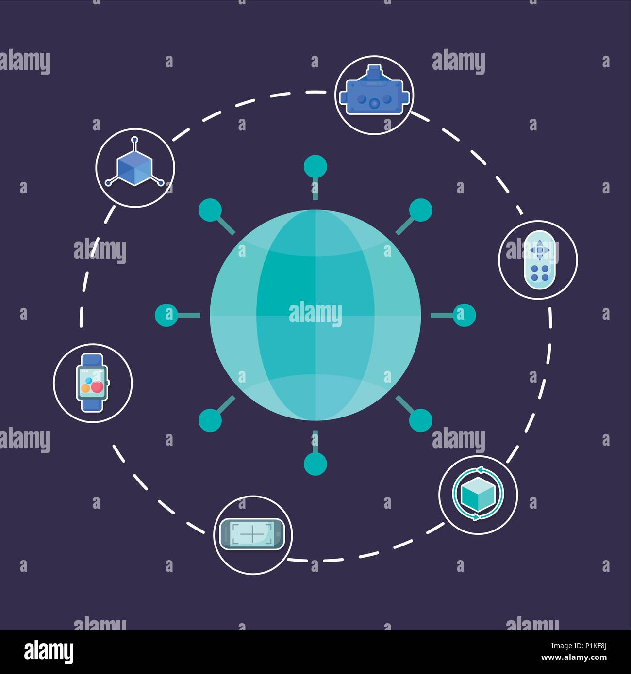 interactivity symbol and Virtual reality related icons over blue ...