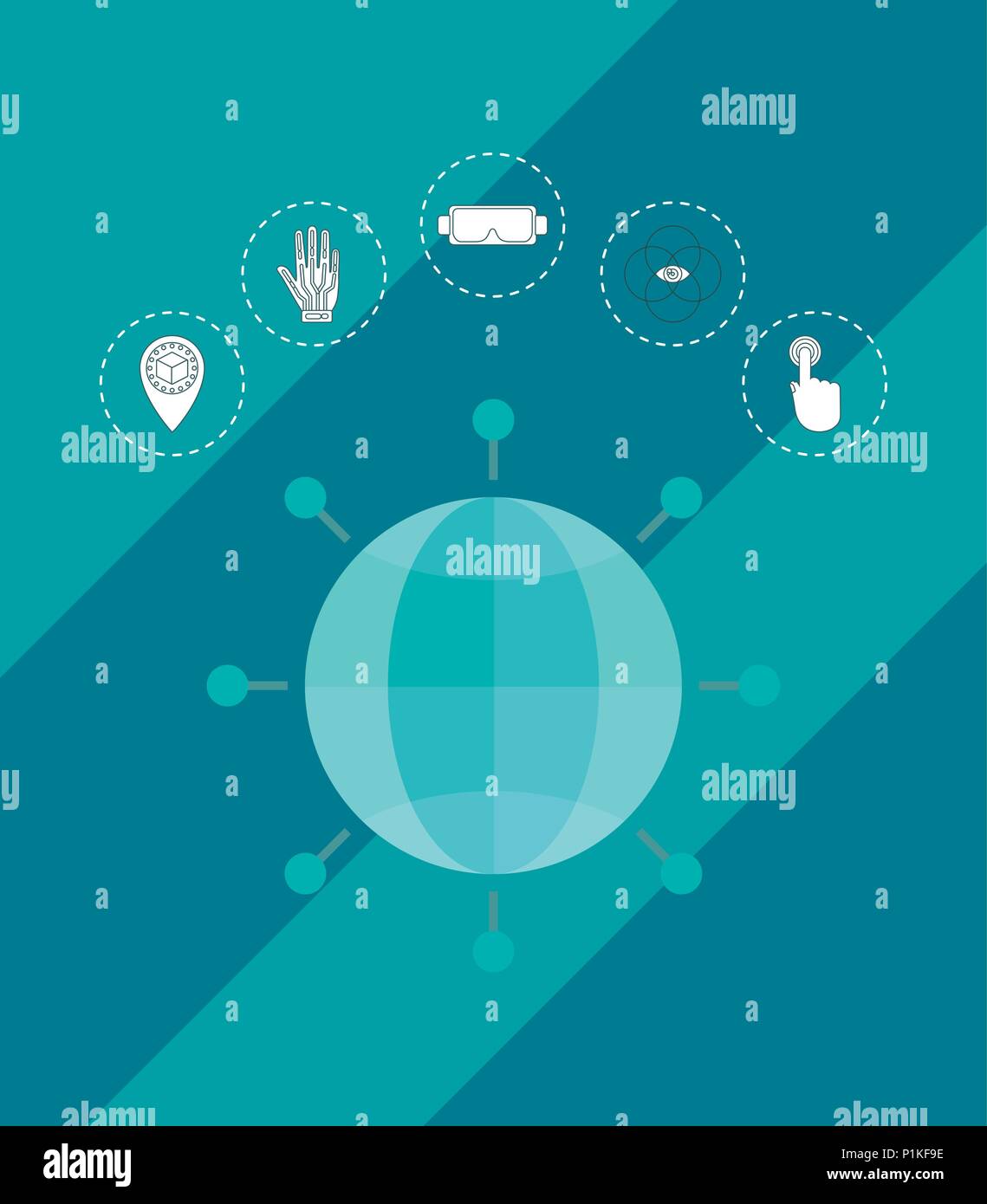 interactivity symbol and Virtual reality related icons over blue ...