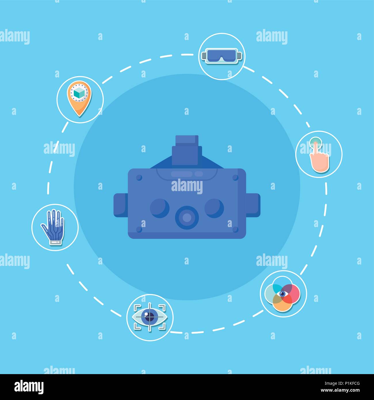 vr headset and Virtual reality related icons over blue background ...