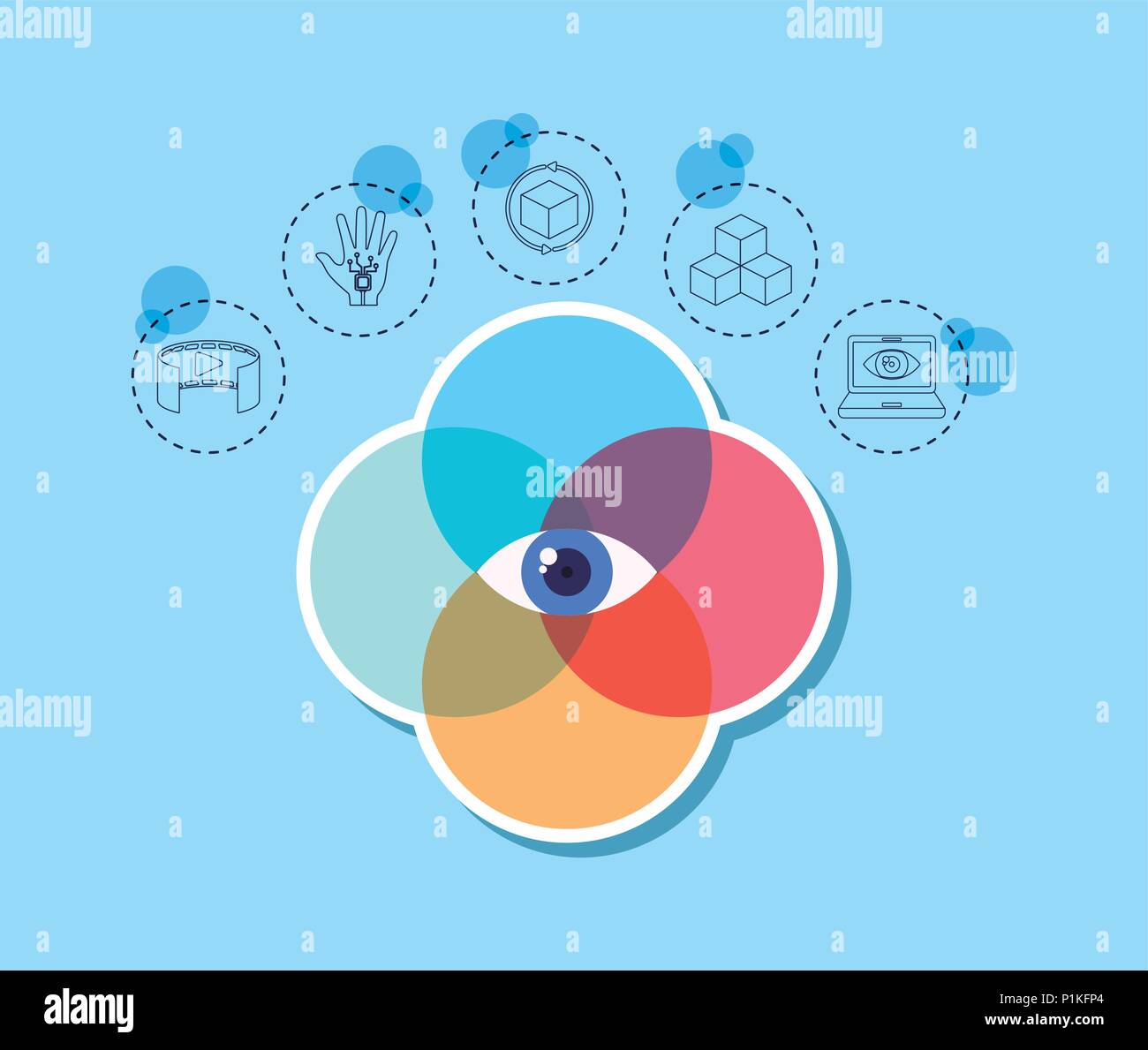 vision symbol and Virtual reality related icons over blue background ...