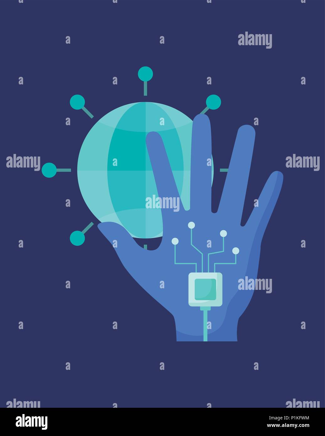 Wired glove and interactivity symbol icon over blue background ...
