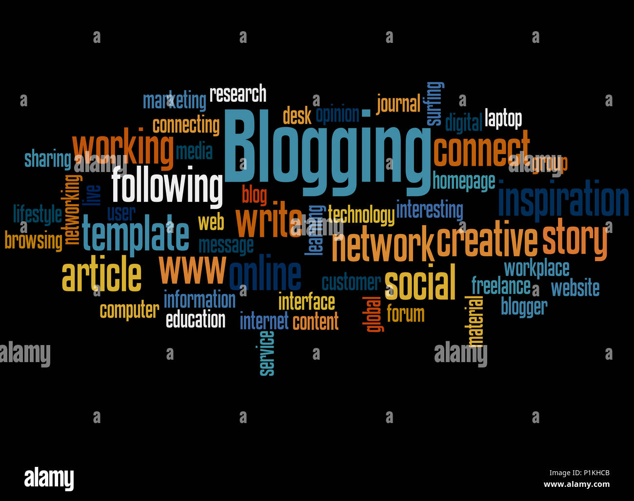 Blogging, word cloud concept on black background Stock Photo - Alamy