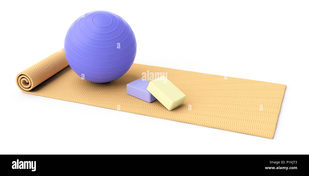 Pilates equipment. Exercise mat, pilates ball and bricks isolated on ...