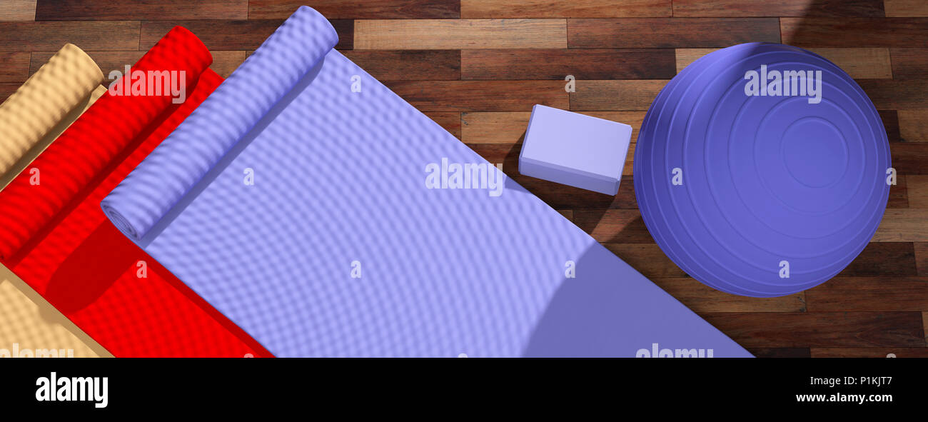 Pilates class. Exercice mats and equipment on wooden floor, top view ...