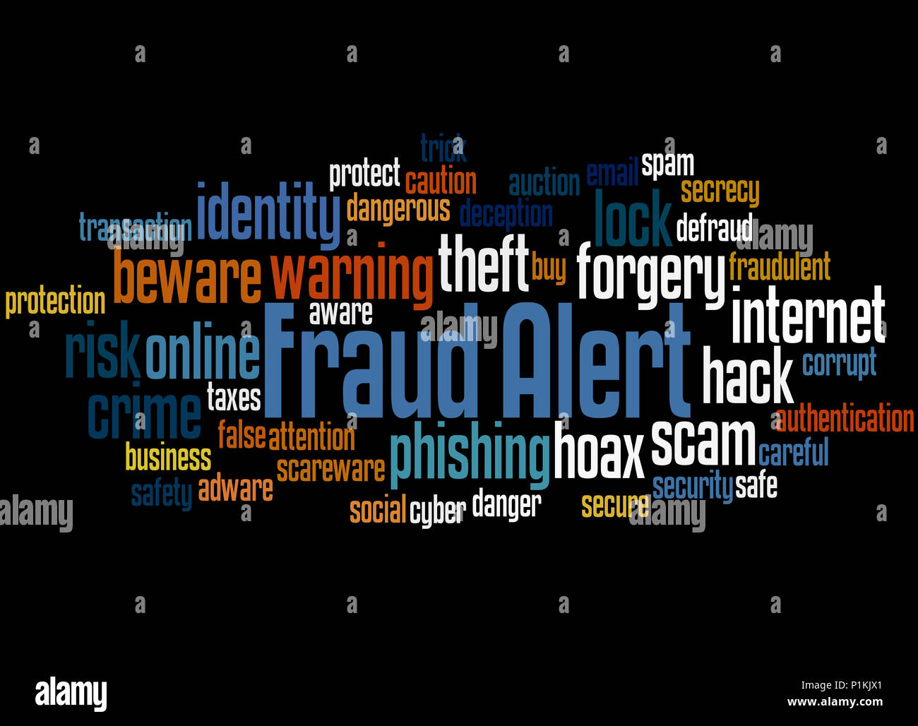 Fraud alert, word cloud concept on black background Stock Photo - Alamy