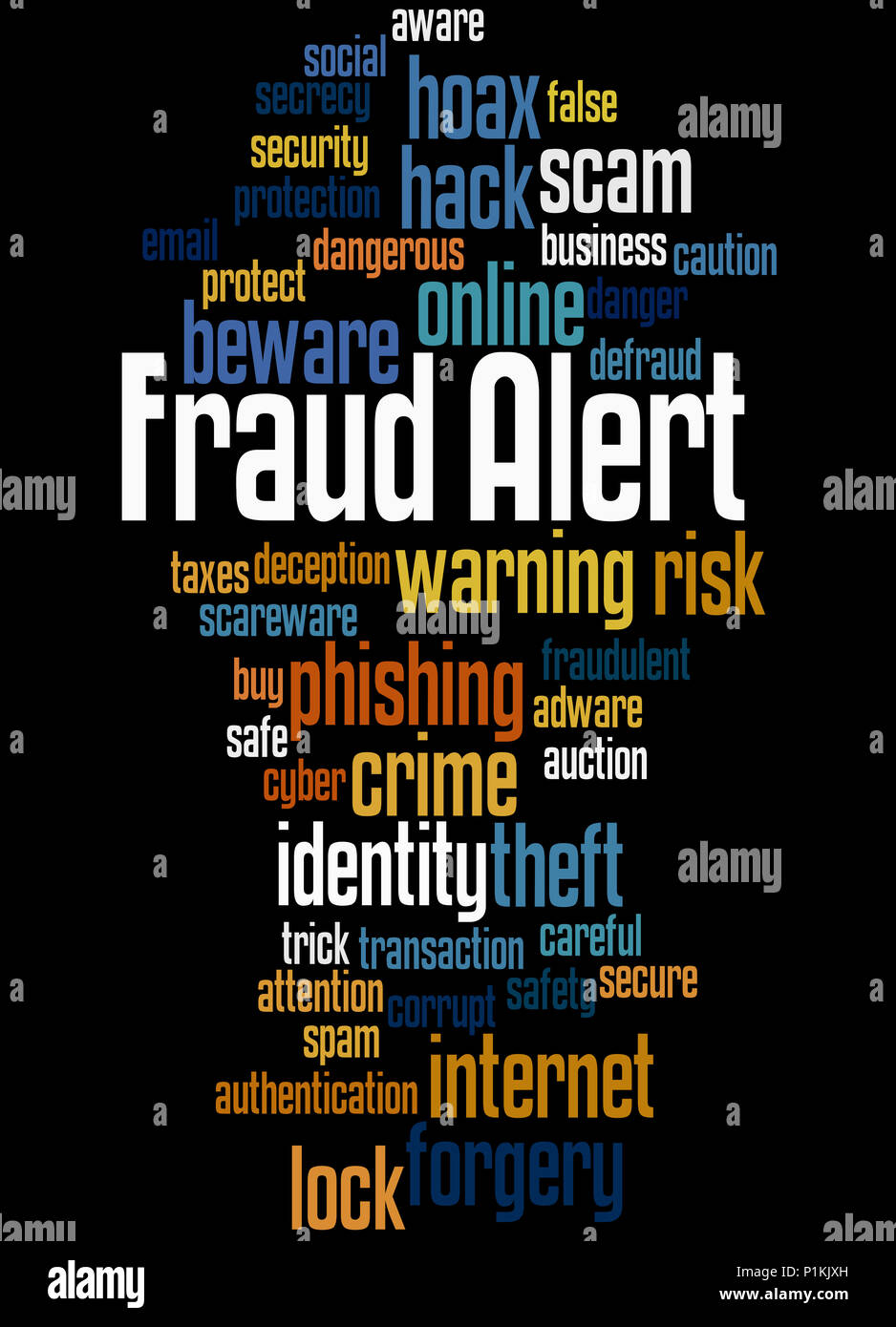 Fraud alert, word cloud concept on black background Stock Photo - Alamy