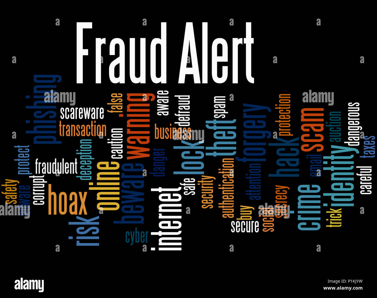 Fraud alert, word cloud concept on black background Stock Photo - Alamy
