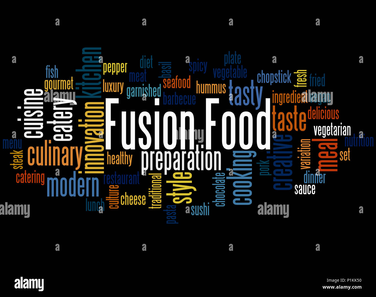 Fusion food, word cloud concept on black background Stock Photo - Alamy