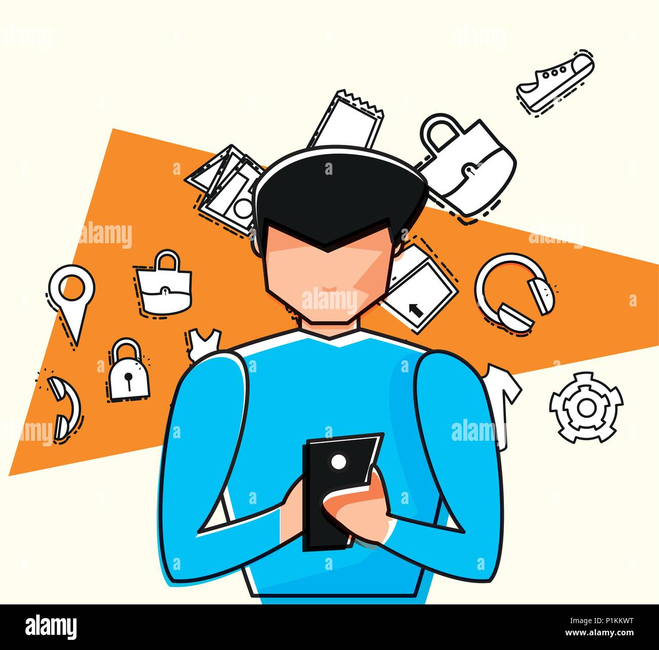 man avatar with online shopping icons pop art style vector illustration ...