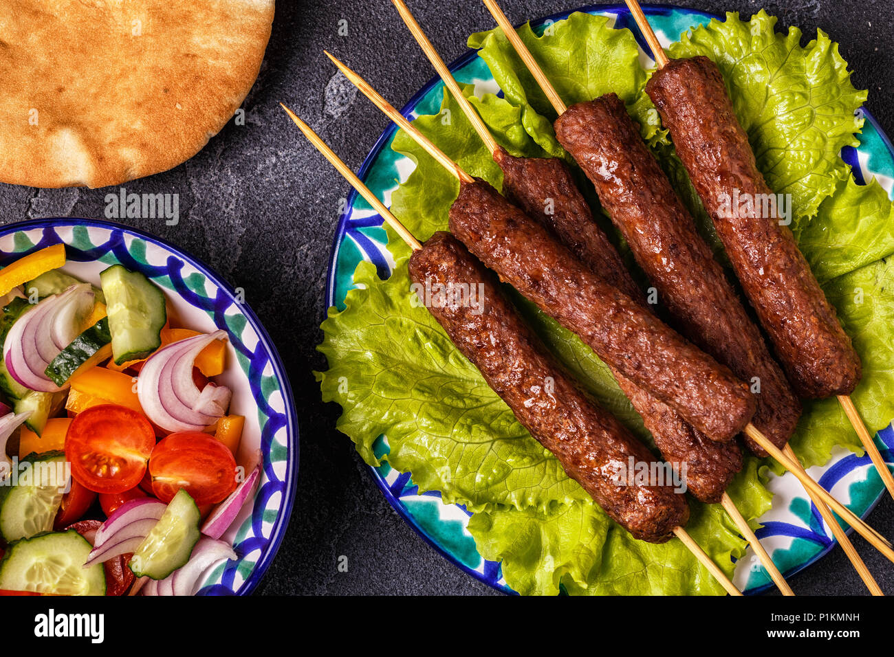 Classic kebabs on the plate. Top view Stock Photo - Alamy